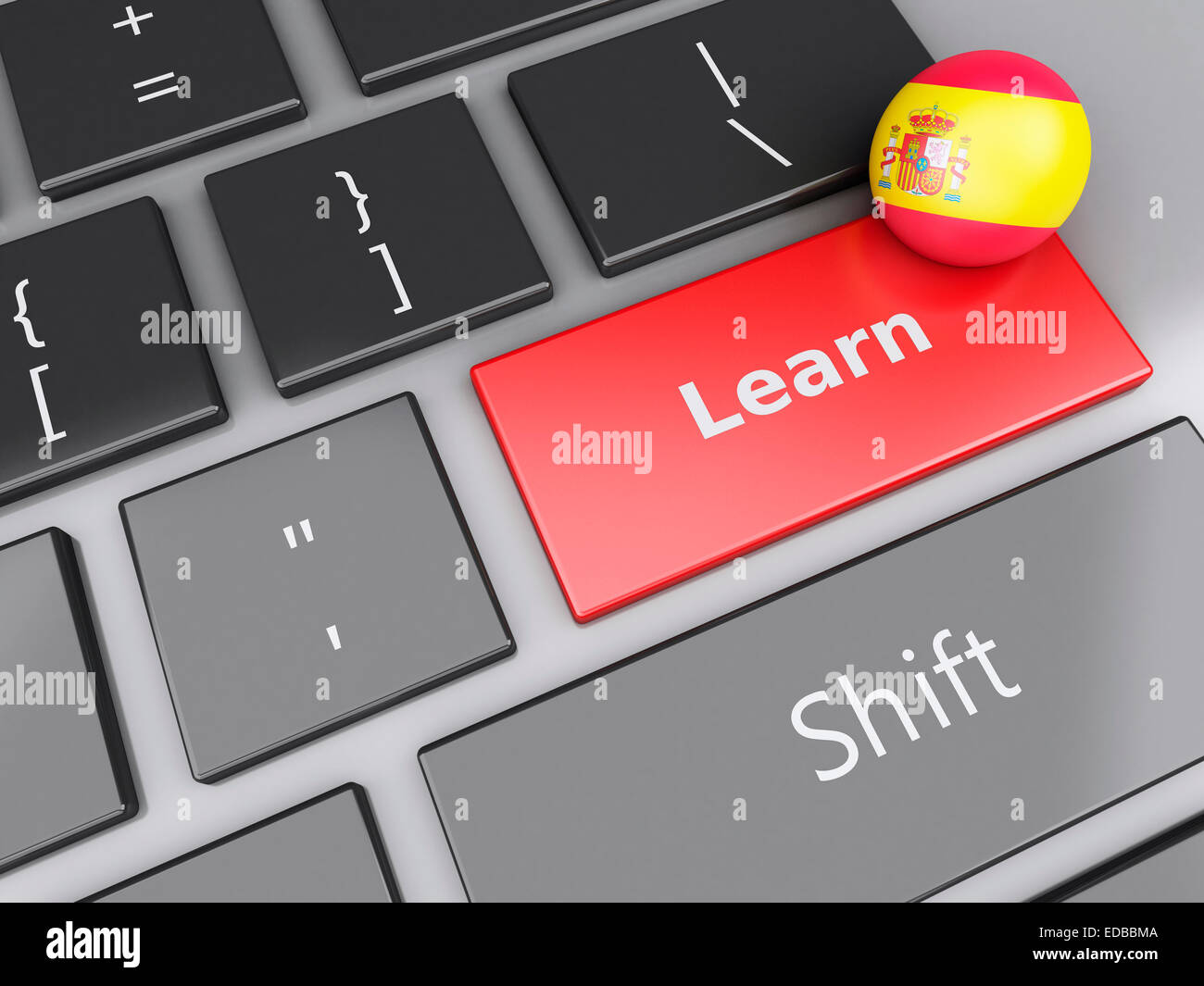 3d renderer illustration. Learn spanish on computer keyboard. Education ...