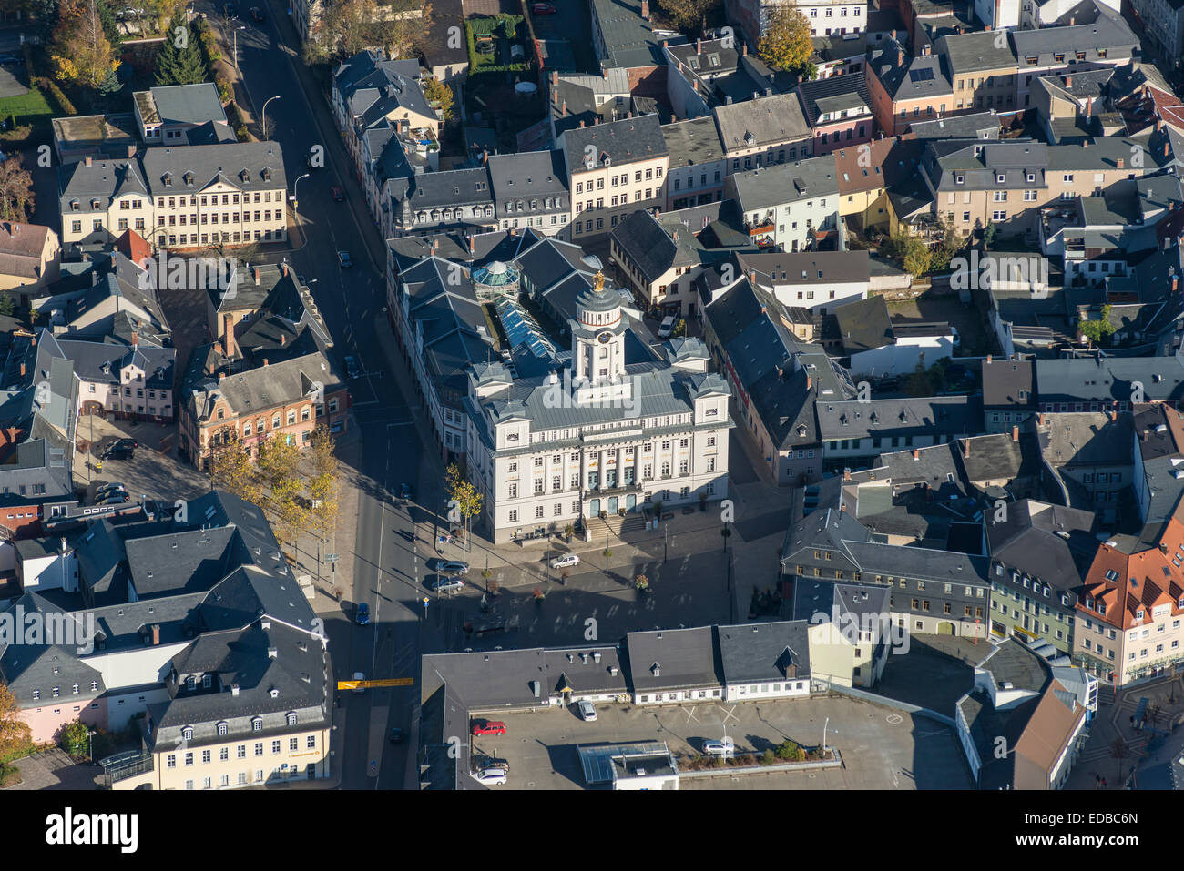 Aerial view, downtown, classical Town Hall with Themis statue on the ...