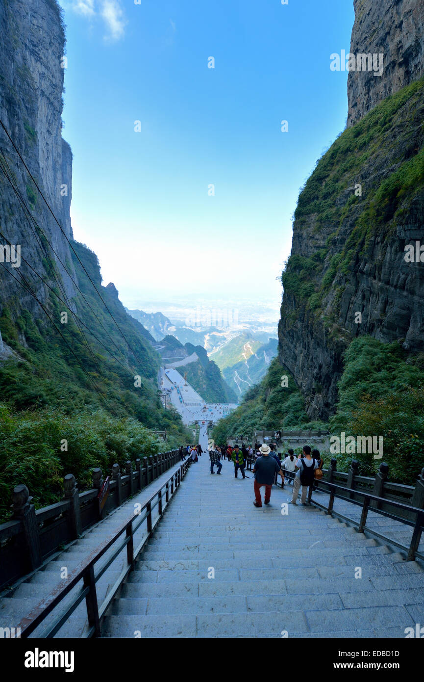 View from Heaven's Gate to the long staircase, 900 steps, Tianmen Cave ...