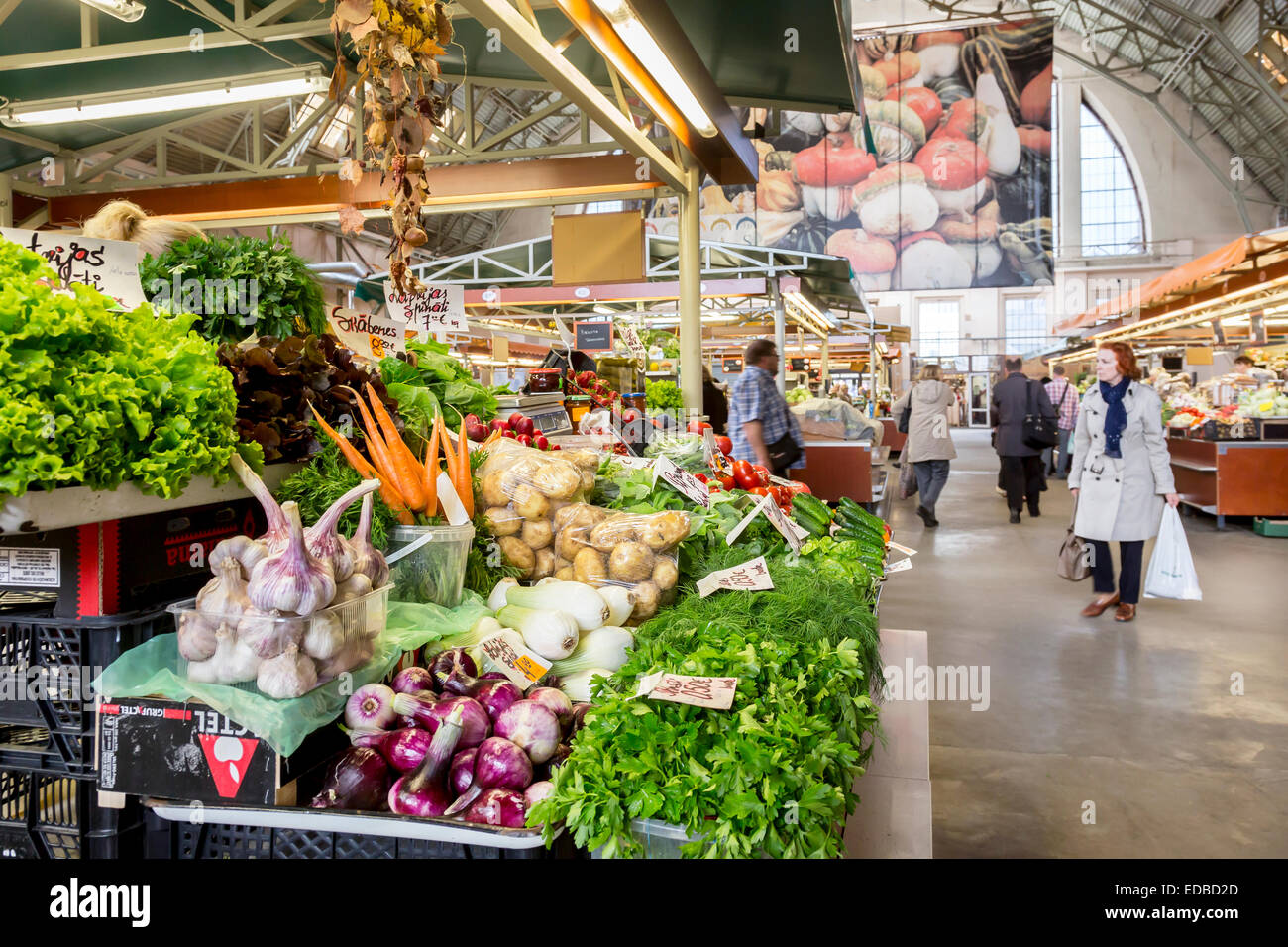 Vegetable stall in the market hall, Riga Central Market, Riga, Latvia ...
