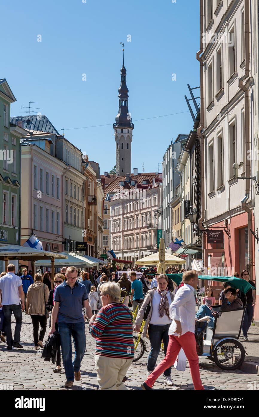 Crowded Viru street with city hall tower in the old town, Tallinn ...