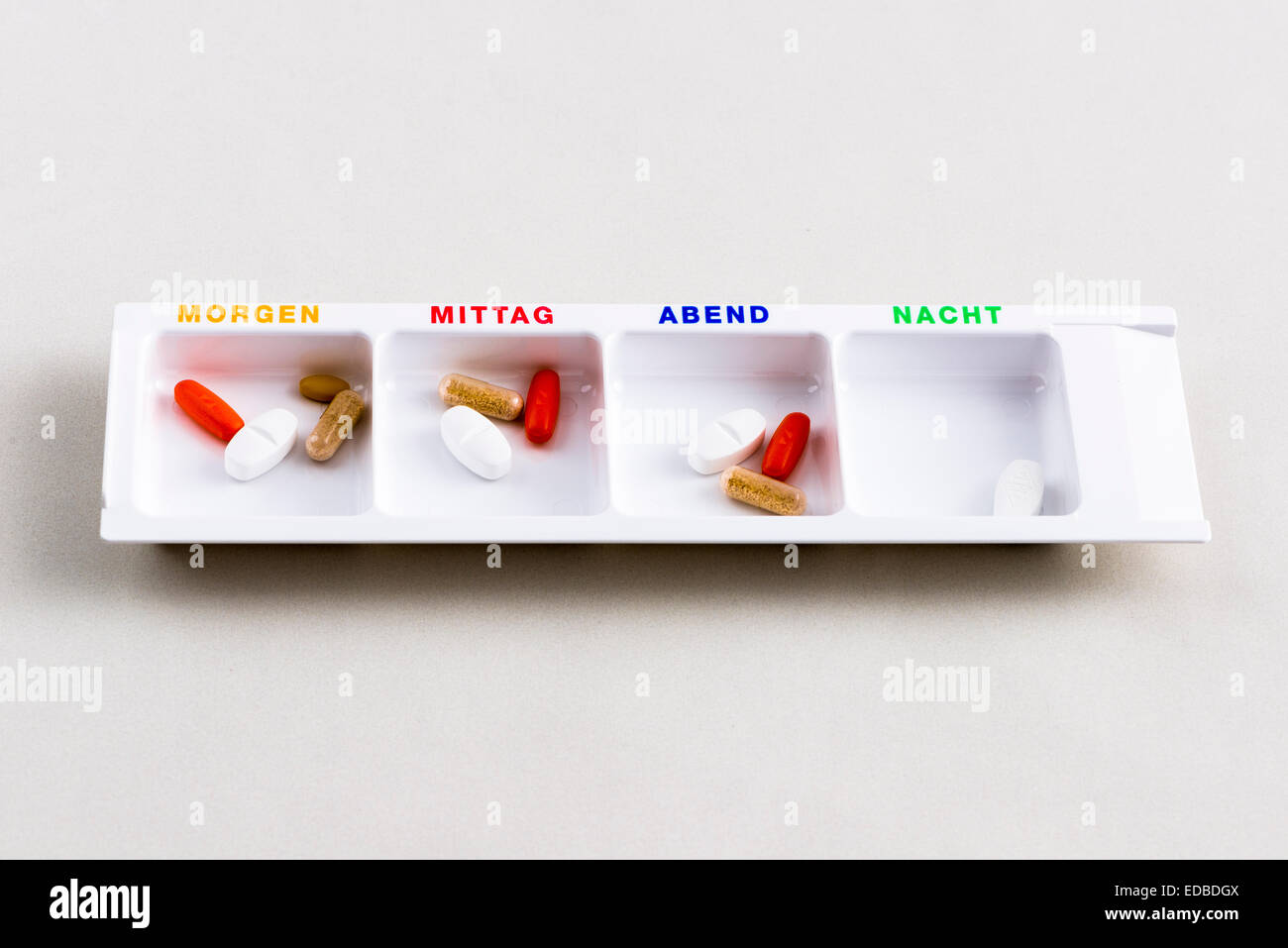 Tablet dispenser filled with pills for the whole day, labelled in ...