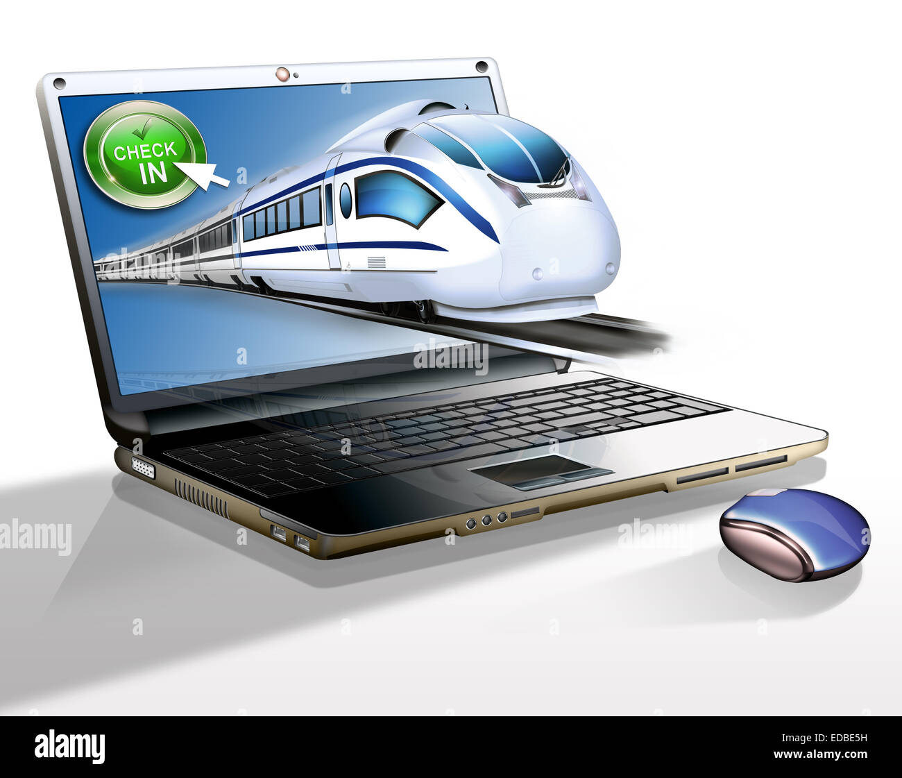 Laptop computer with an express train on the display, online ticket ...