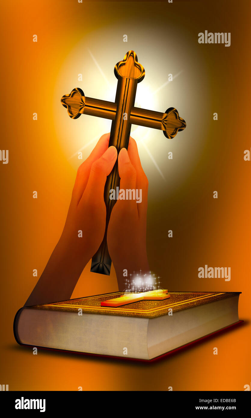 Praying Hands With Cross And Bible