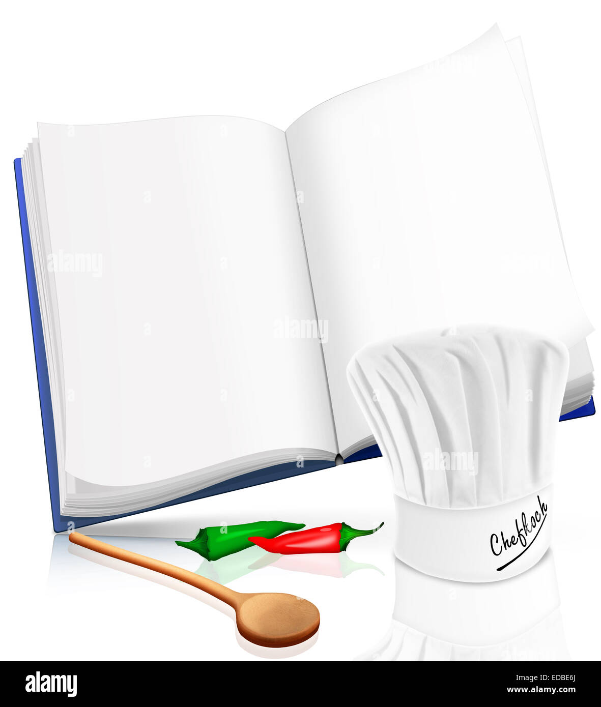 Cookbook neutral and empty, with chef's hat, chili and wooden spoon ...
