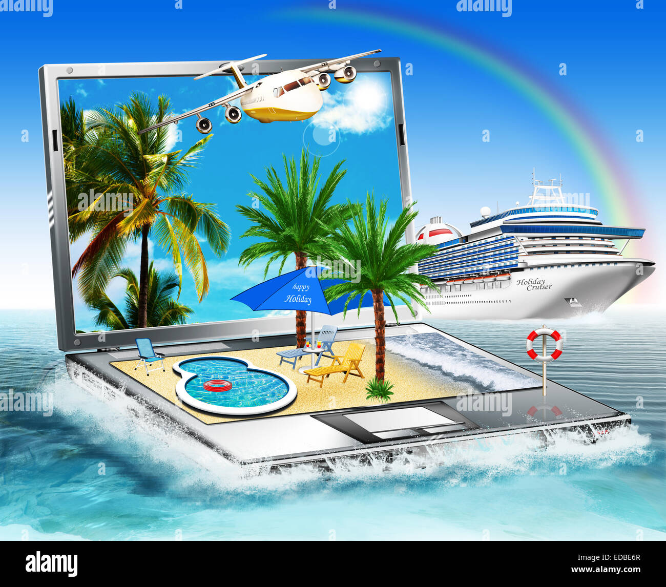 Laptop computer, airplane, beach, cruise liner, holidays, travel ...