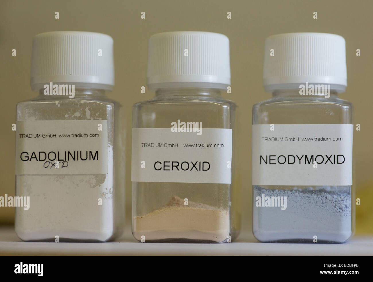 Rare earths gadolinium oxide, cer oxide an neodyme oxide are pictured at the Tradium GmbH in ...