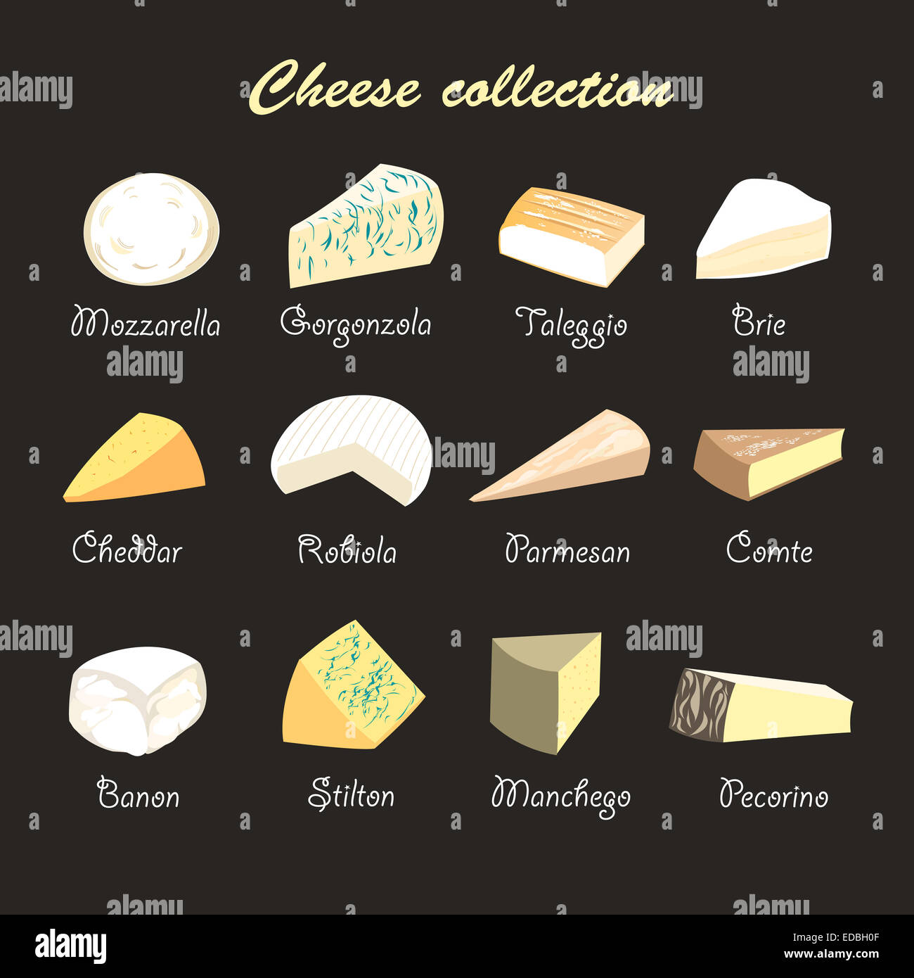 graphic beautiful collection of cheeses on a dark background Stock ...