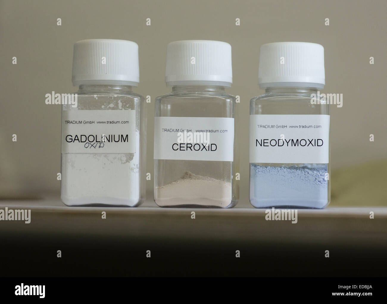 Rare earths gadolinium oxide, cer oxide an neodyme oxide are pictured at the Tradium GmbH in ...
