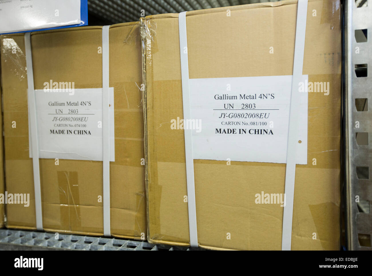 Cardboard boxes containing the metal gallium as they are used for ...