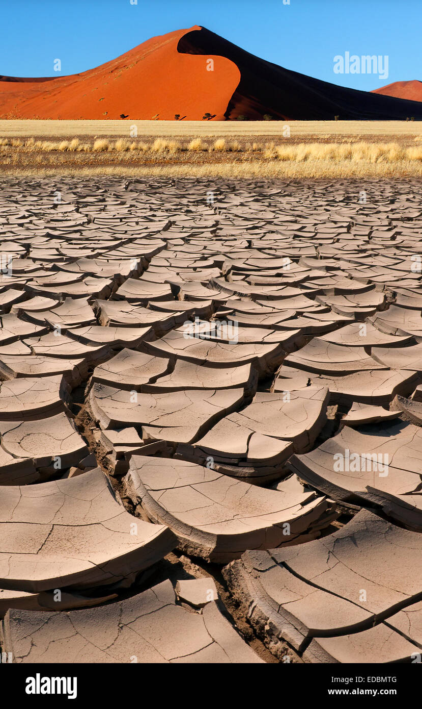 Dry earth and Sand Dune in early morning sunlight near Sossusvlei in ...