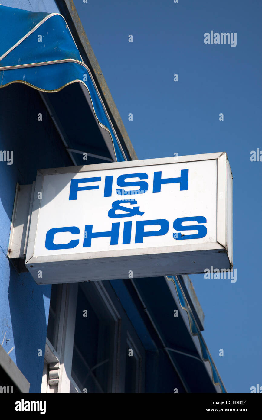 Fish and Chips Sign against Blue Sky Background Stock Photo - Alamy