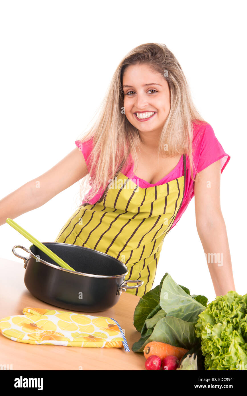 Beautiful woman cooking isolated in white Stock Photo - Alamy