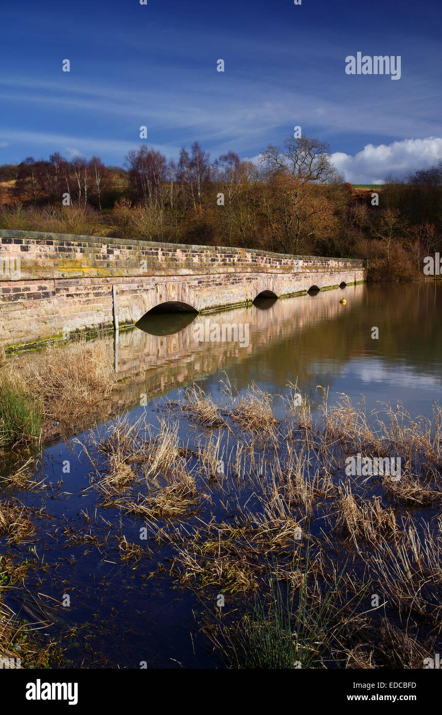 UK,South Yorkshire,Rotherham,Ulley Reservoir, Bridge and reflections ...