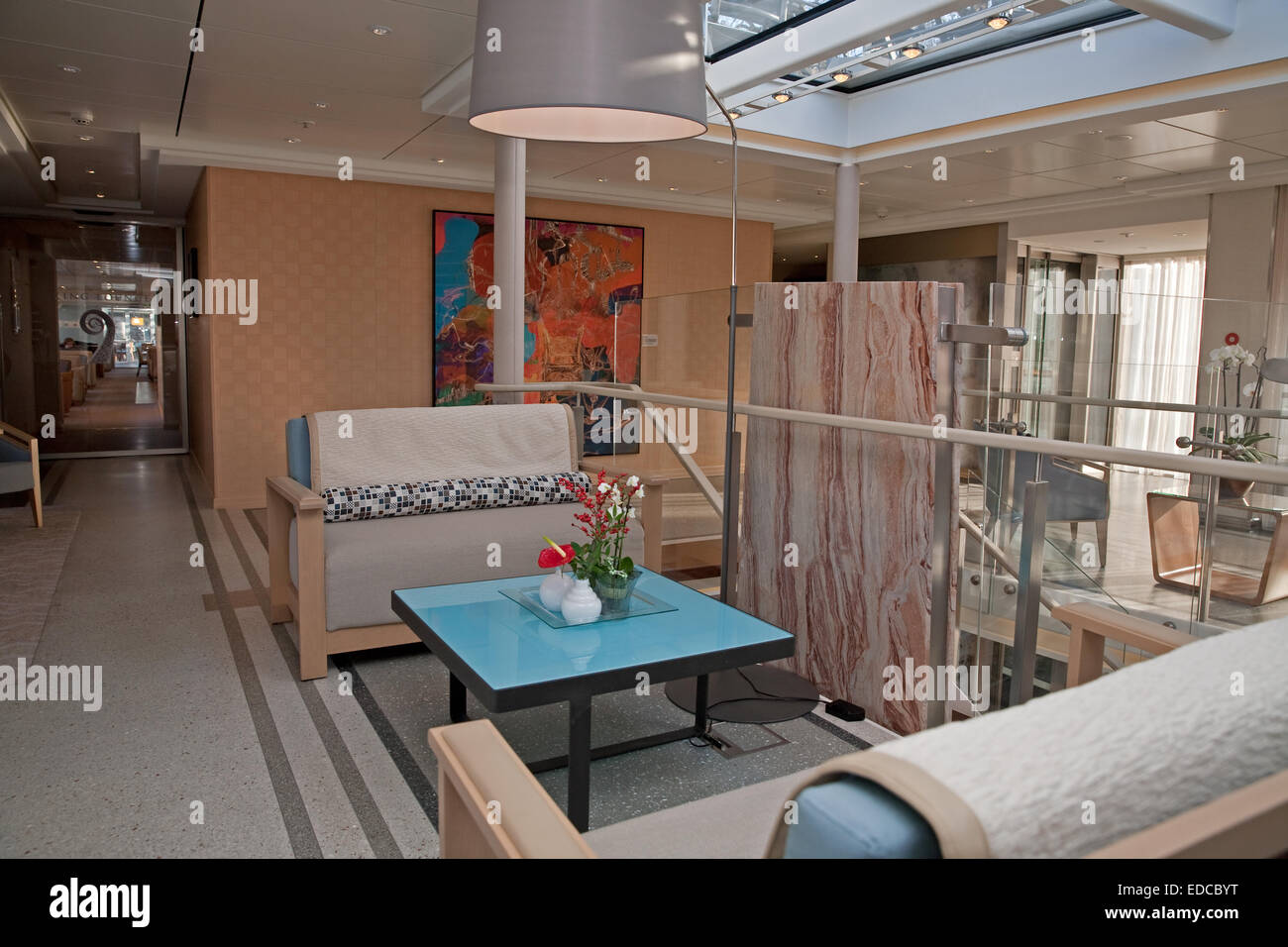 The atrium of Viking Hlin river cruise ship docked in Regensburg ...