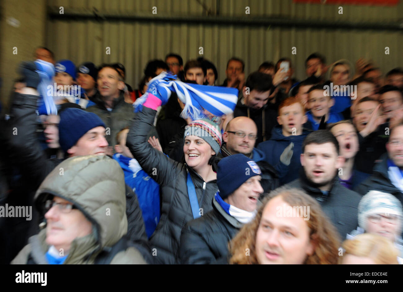 Female football fan waving her scarf at a Brighton and Hove Albion ...