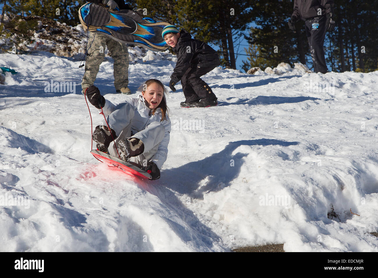 Children sledding down a hill having fun. Lots of action with flying snow an animated faces ...