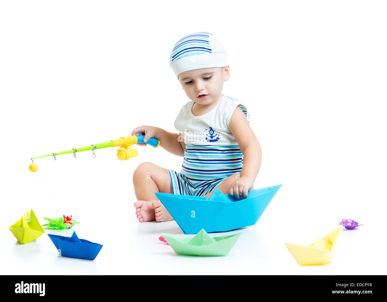 little kid playing and fishing isolated on white Stock Photo - Alamy