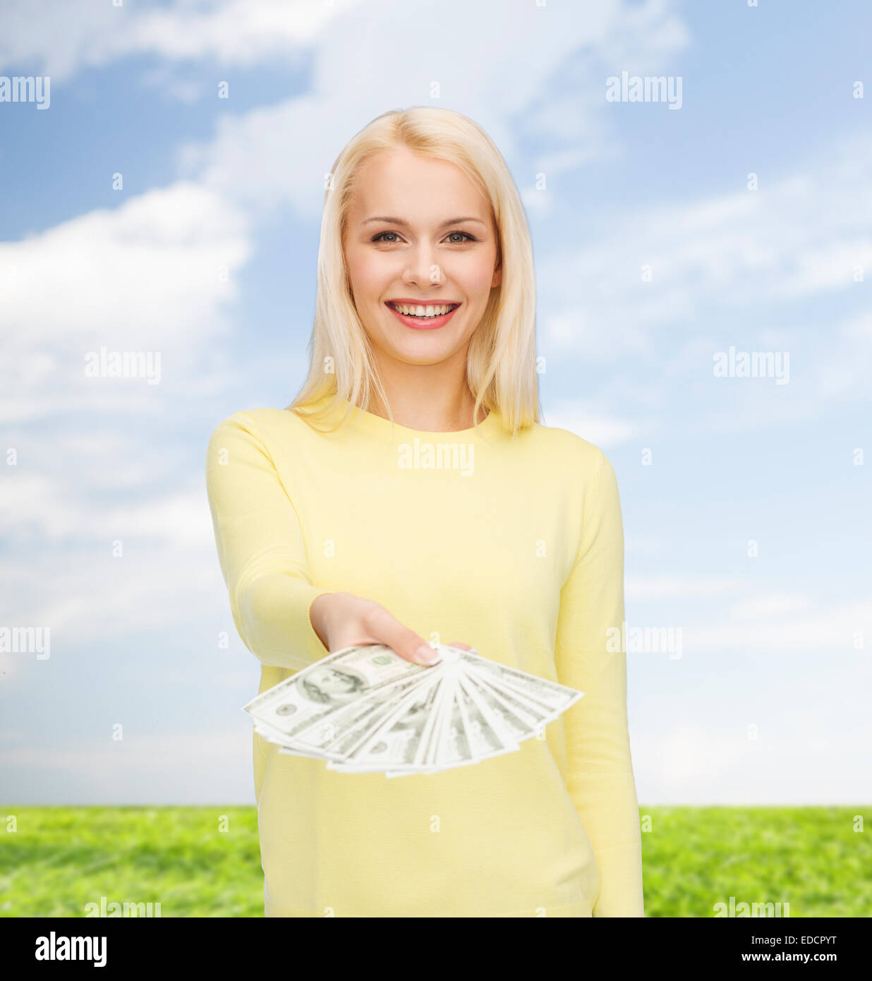 smiling girl with dollar cash money Stock Photo - Alamy