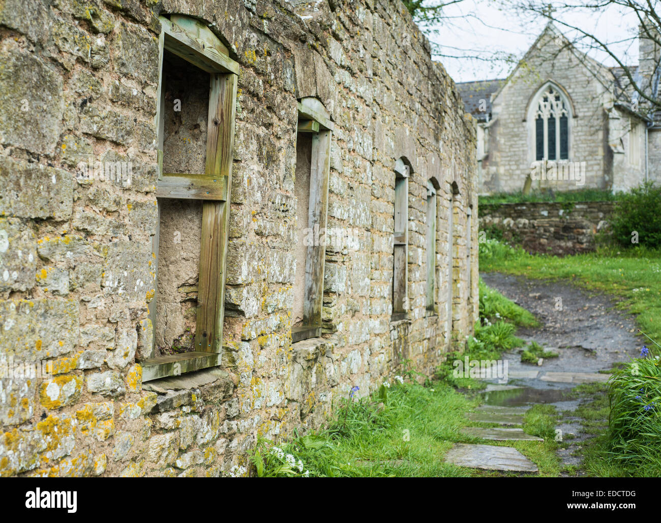 Ruined buildings in the abandoned village of Tyneham in Dorset, England ...