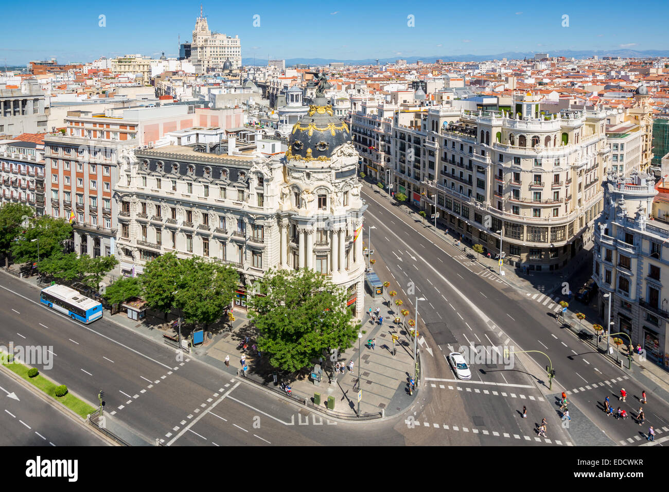 aerial view of Gran Via, main shopping street in Madrid, capital of ...