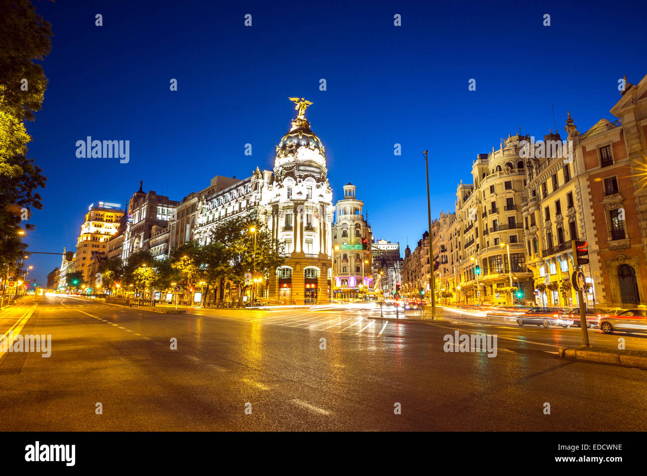 Gran Via, main shopping street in Madrid, Spain at dusk Stock Photo - Alamy