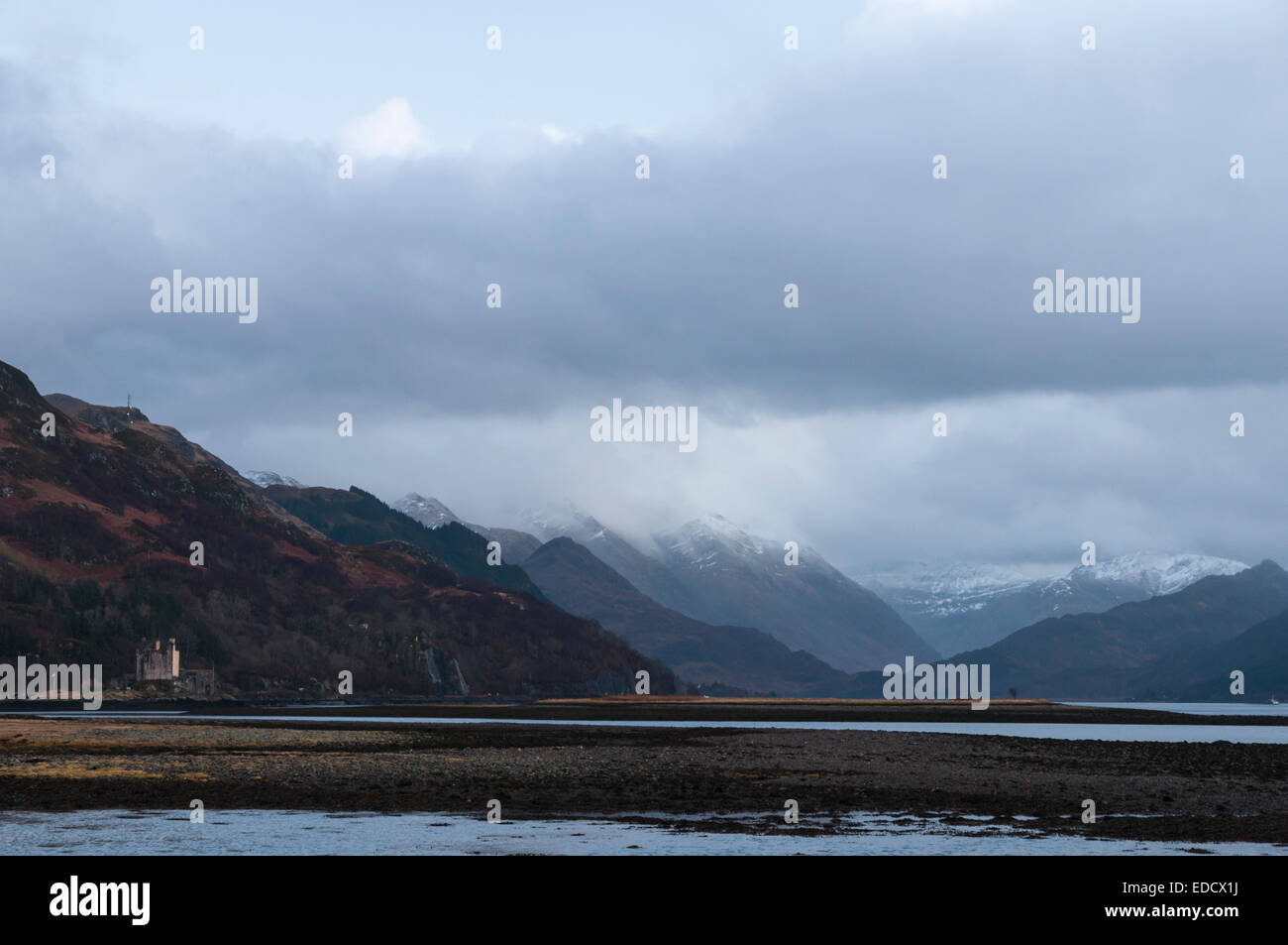 Looking East Down Loch Duich into the snow capped mountains of Glen ...