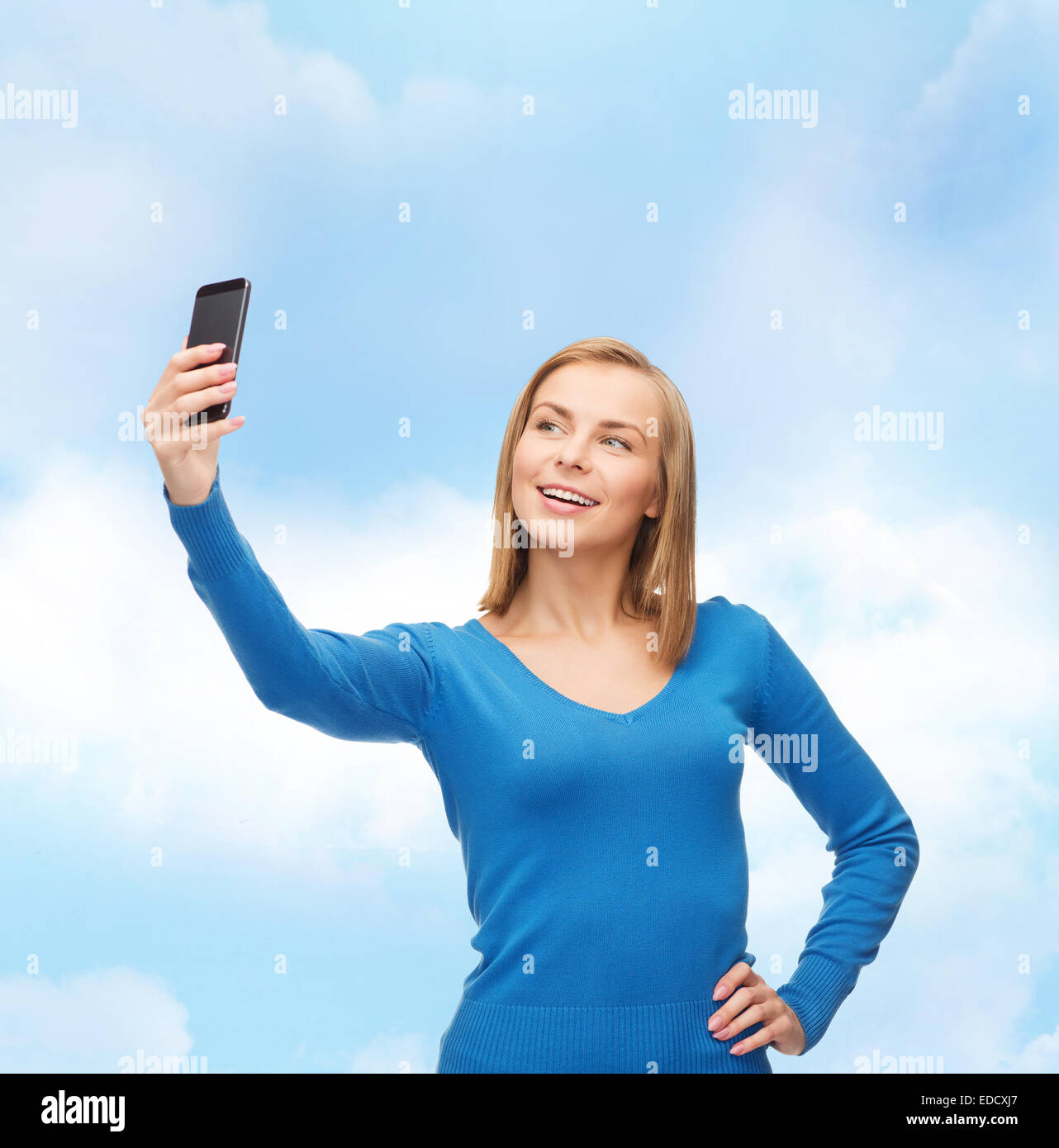 woman taking self picture with smartphone camera Stock Photo - Alamy