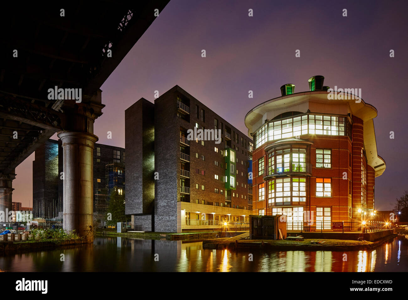 Castlefield Basin area of Manchester at dusk. Pictured Potato Wharf ...