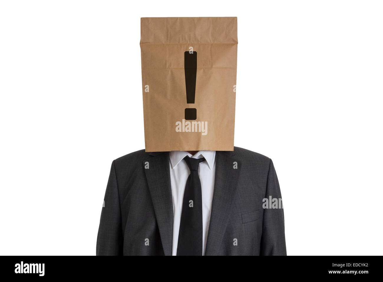 A Man in suit with a paper bag with an exclamation mark on his head ...