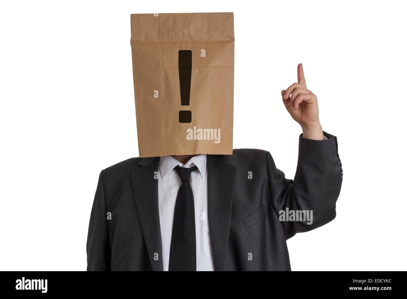 A Man in suit with a paper bag with an exclamation mark on his head ...