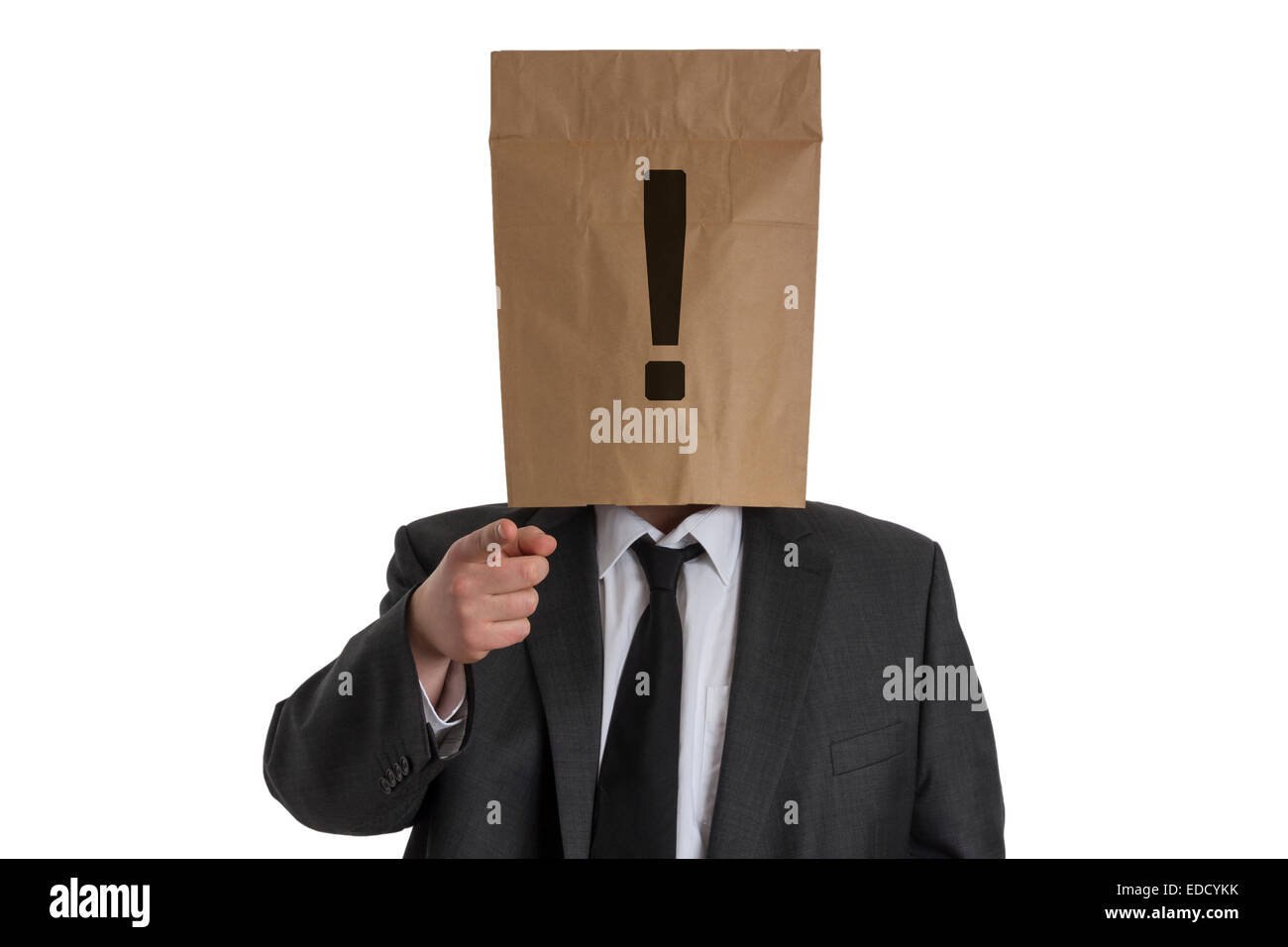 A Man in suit with a paper bag with an exclamation mark on his head ...
