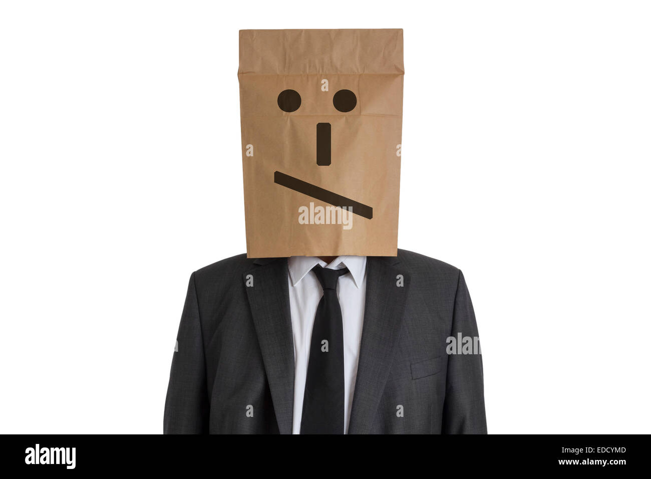 A Man in suit with a paper bag with disappointed smiley on his head ...