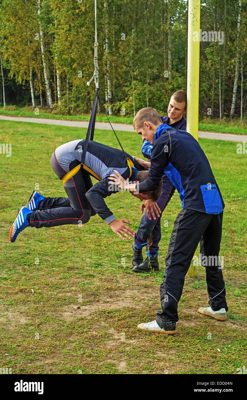 Parachutists - 2014. Training of parachutists on exercise devices Stock ...