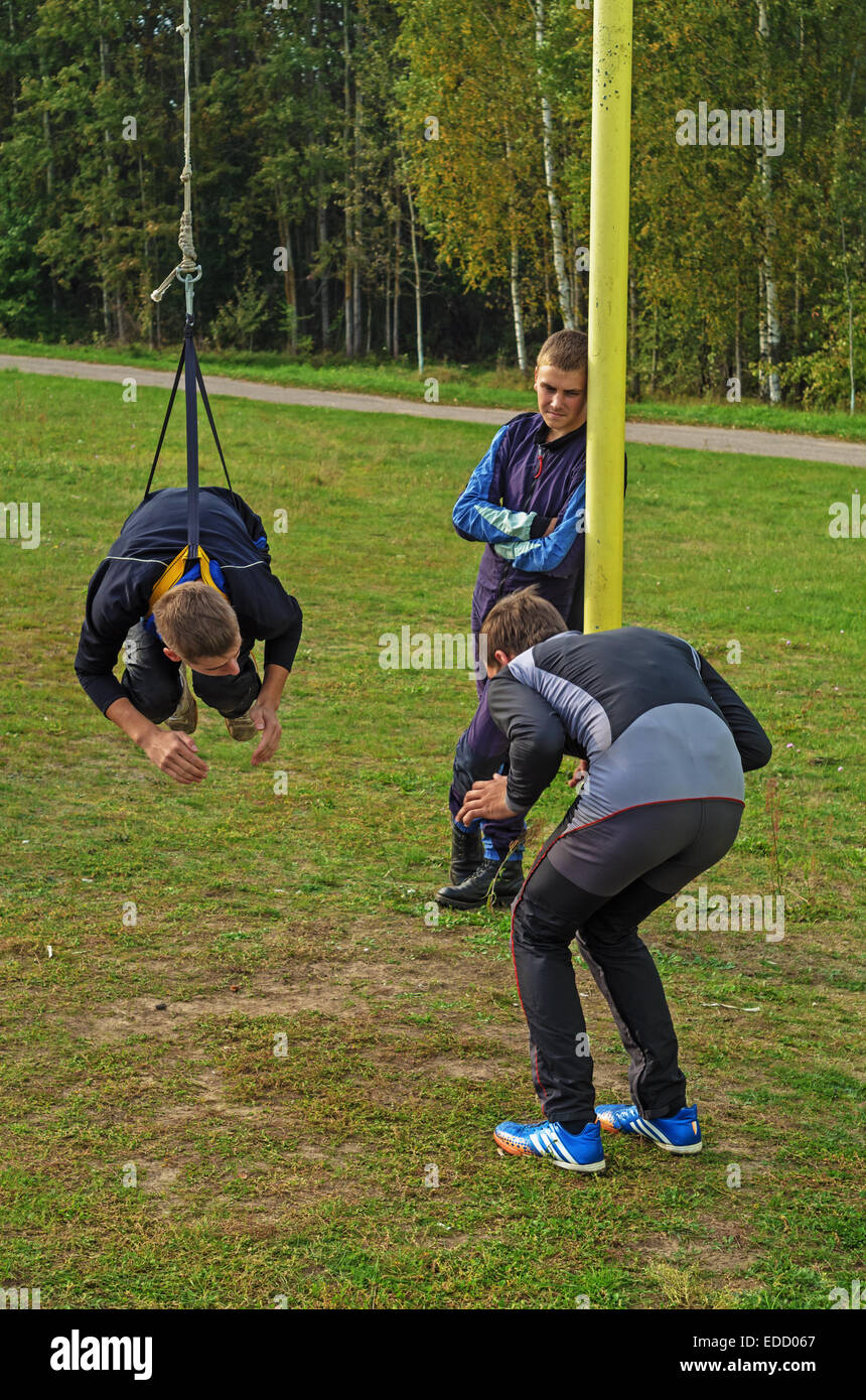 Parachutists - 2014. Training of parachutists on exercise devices Stock ...