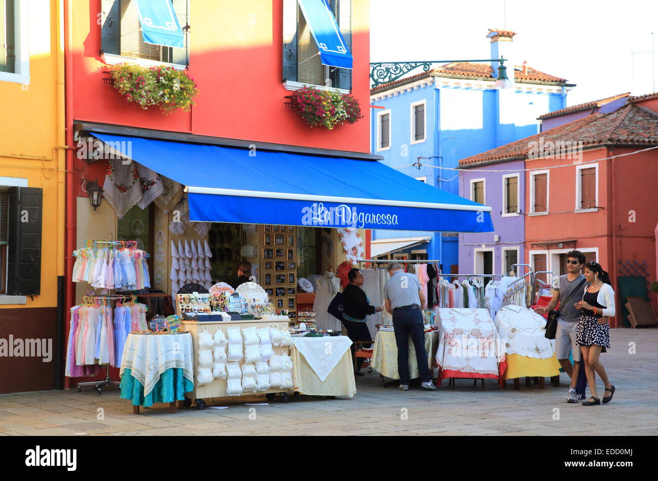 A traditional lace shop on the pretty, colourful island of Burano, on ...
