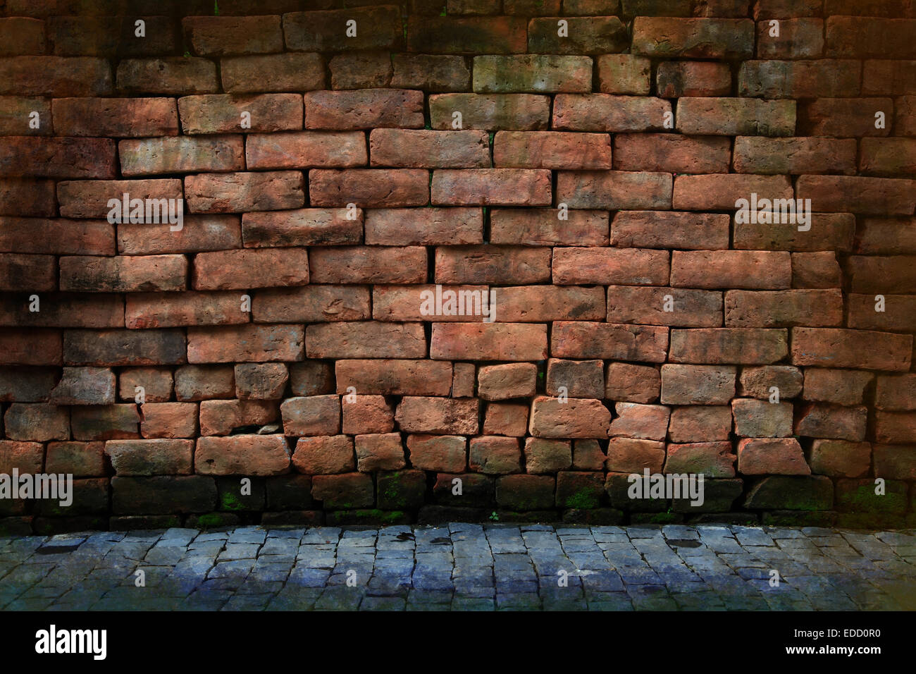 dirty grunge red stone brick wall with pavement Stock Photo - Alamy