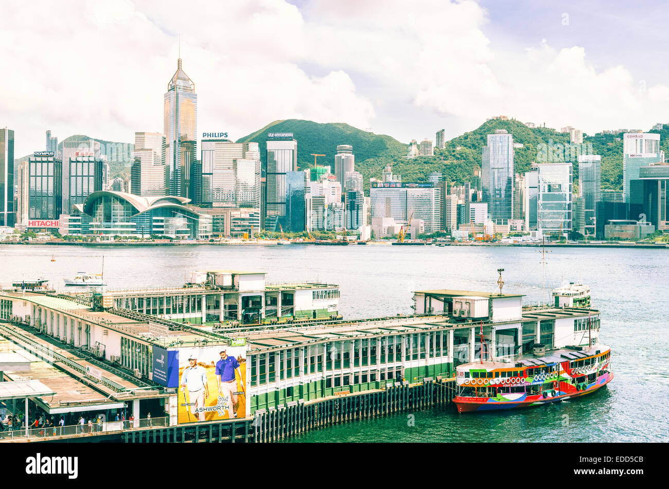 skyline of Hong Kong Victoria Harbour with ferry cruising Stock Photo ...
