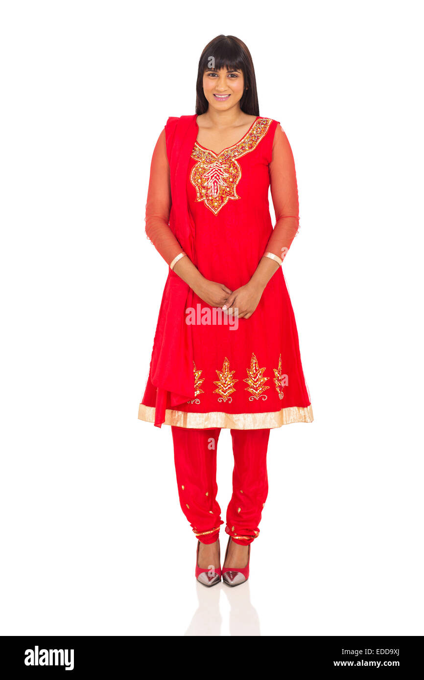 happy Indian lady standing on white background Stock Photo - Alamy