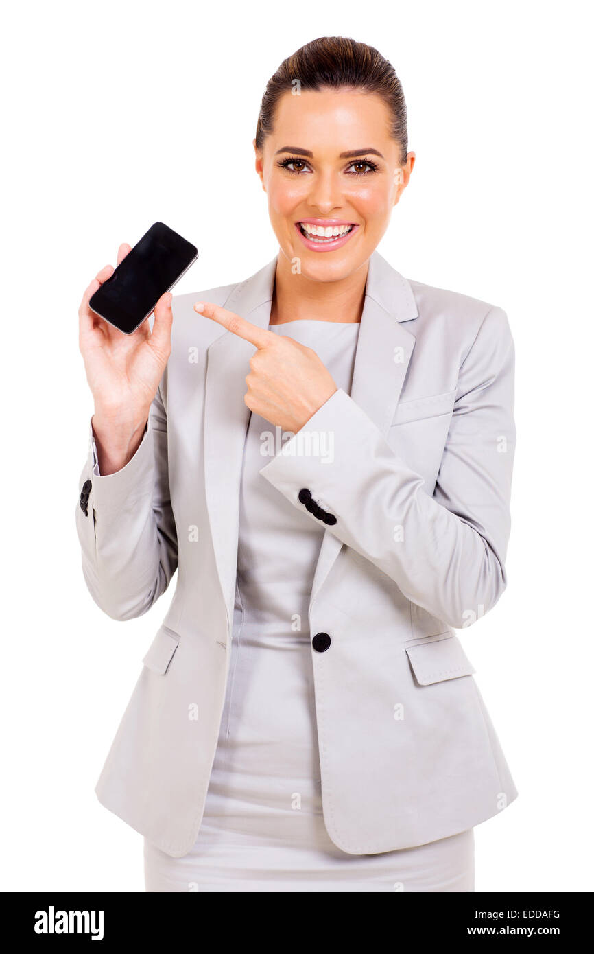 attractive businesswoman pointing mobile phone isolated on white Stock ...
