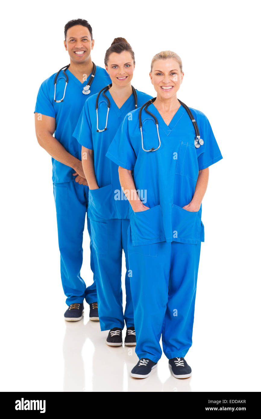 group of professional medical team standing in a row on white ...