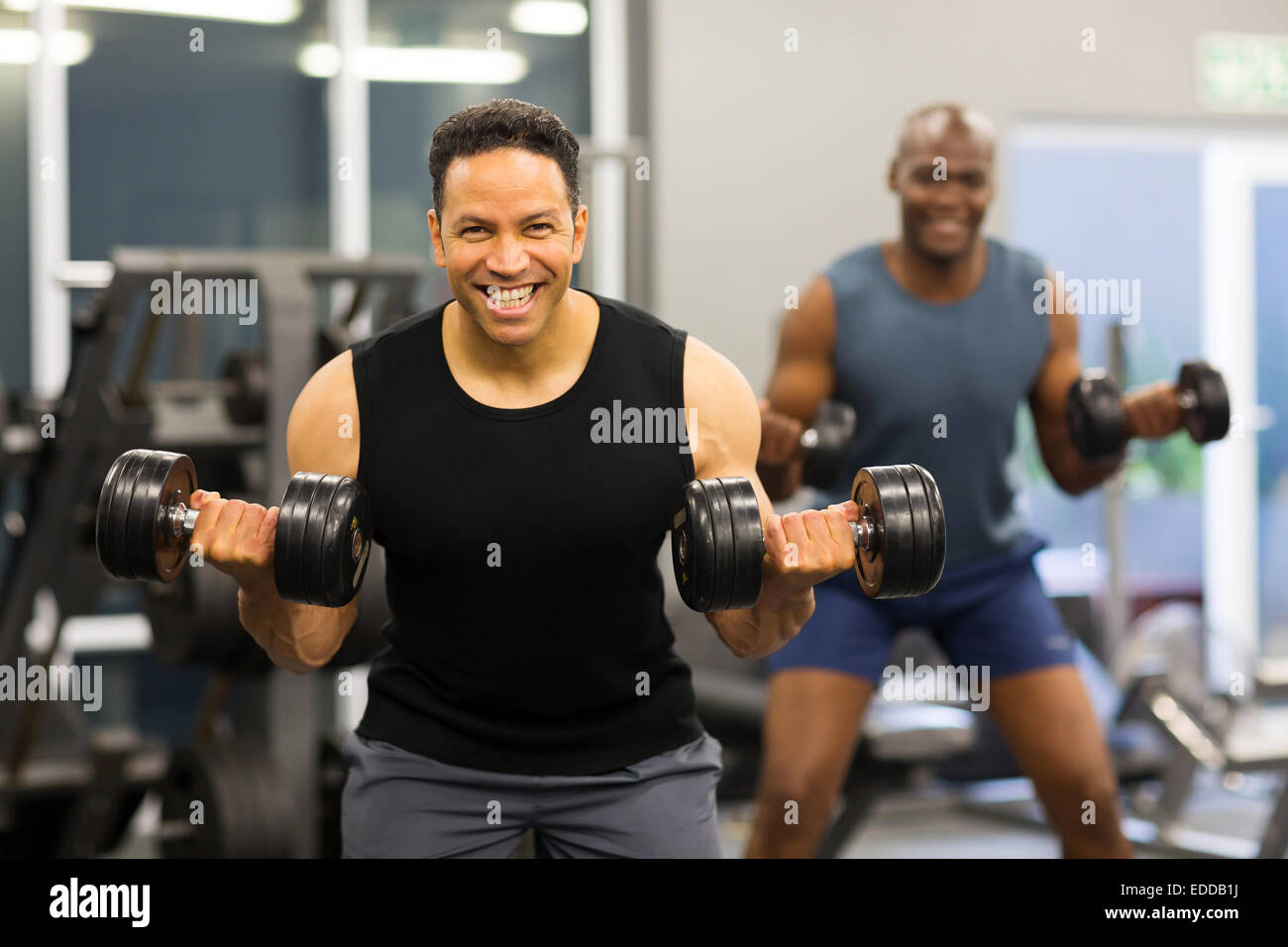 two man doing dumbbell exercise in gym Stock Photo - Alamy