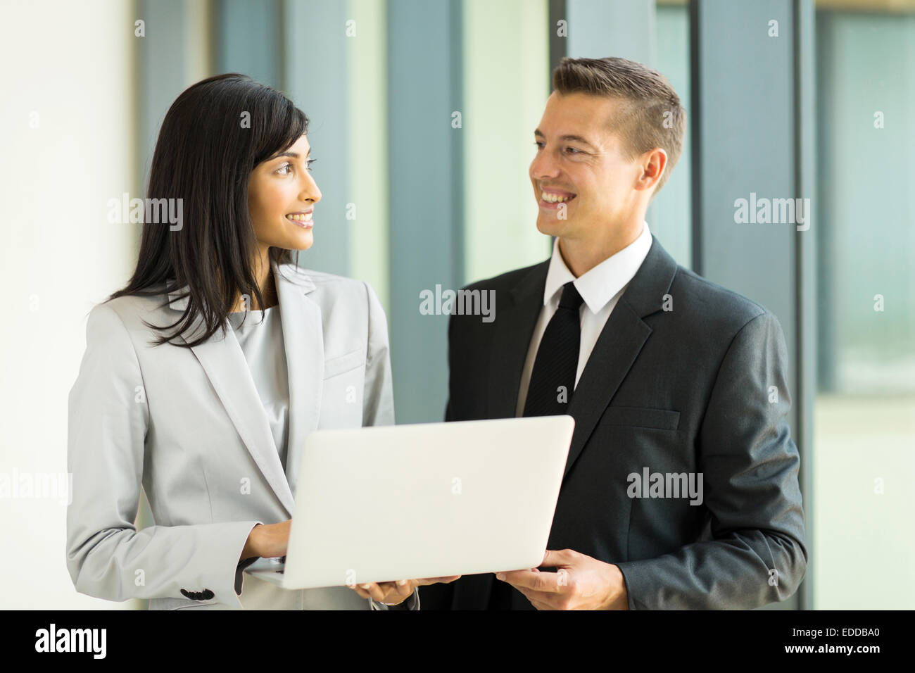 professional Indian female manager with businessman working on laptop ...