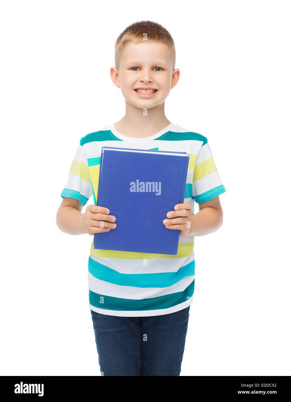 smiling little student boy with blue book Stock Photo - Alamy