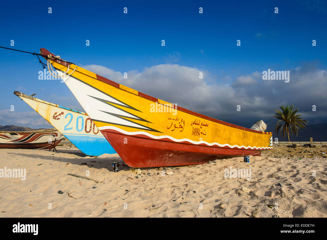 Colourful fishing boats on the beach, Hadibu, island of Socotra, Yemen ...