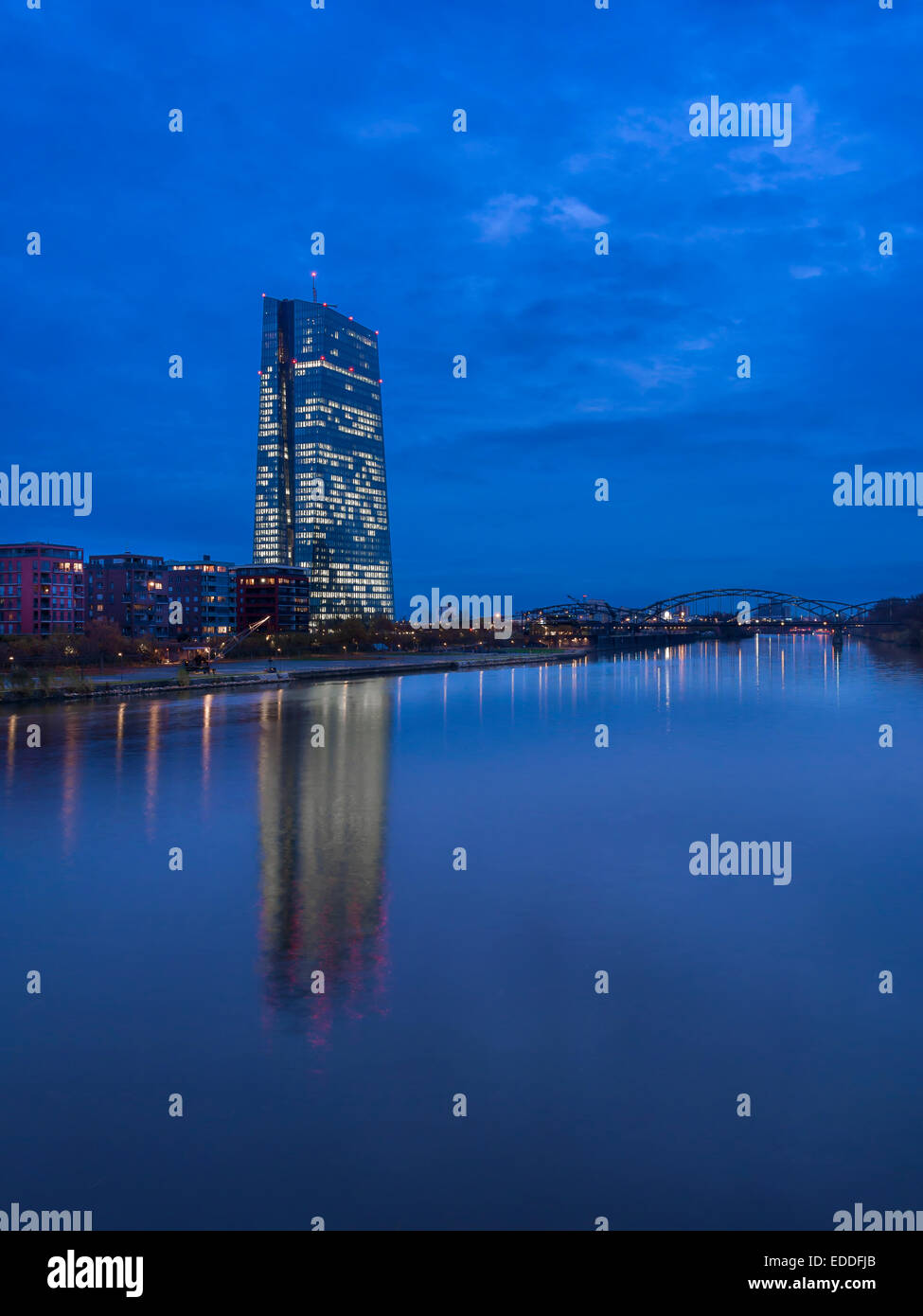 Germany, Frankfurt, River Main with ECB Tower and new campus Stock ...