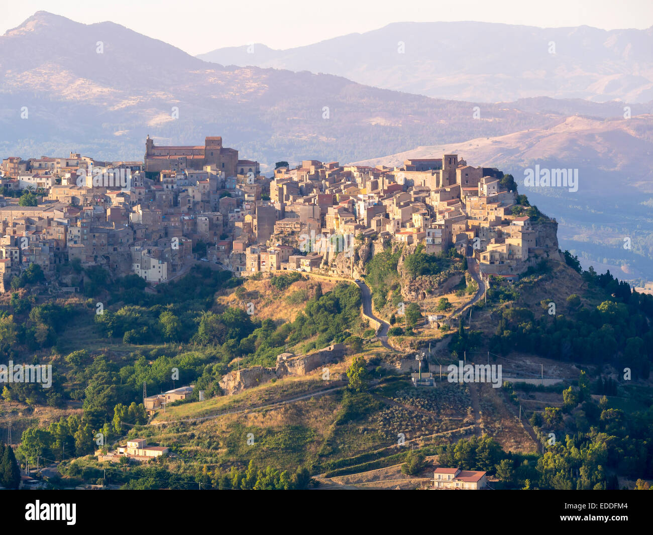 Italy, Sicily, Province of Enna, view from Enna to mountain village ...