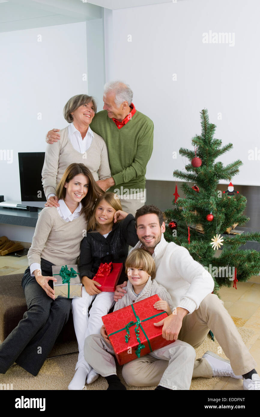 Group picture of happy three generations family at Christmas Eve Stock ...