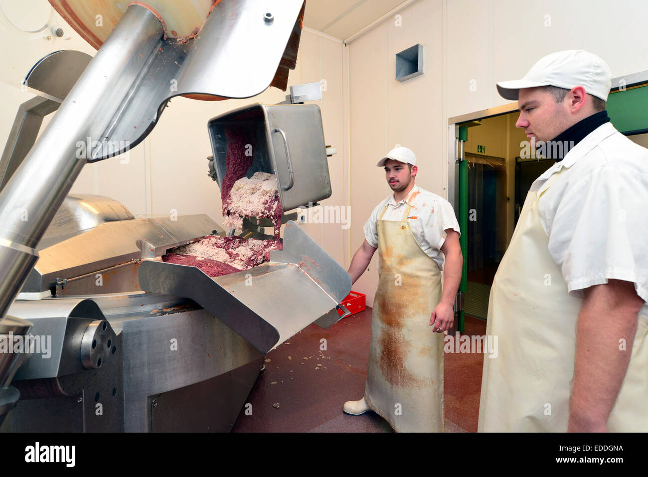 Two men operating and controlling silent cutter in a butchery Stock ...