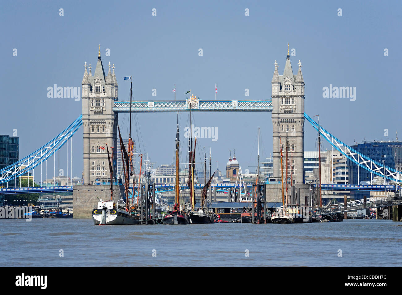 UK, London, historic sailing ships on the River Thames and Tower Bridge ...